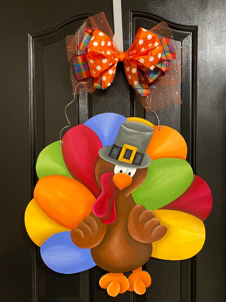 Turkey Hand Painted Wooden Door Hanger Thanksgiving Wreath | Etsy