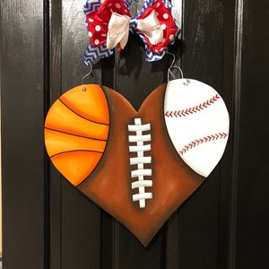 Sports Fan Heart! Baseball! Football! Basketball! Hand Painted Wooden ...