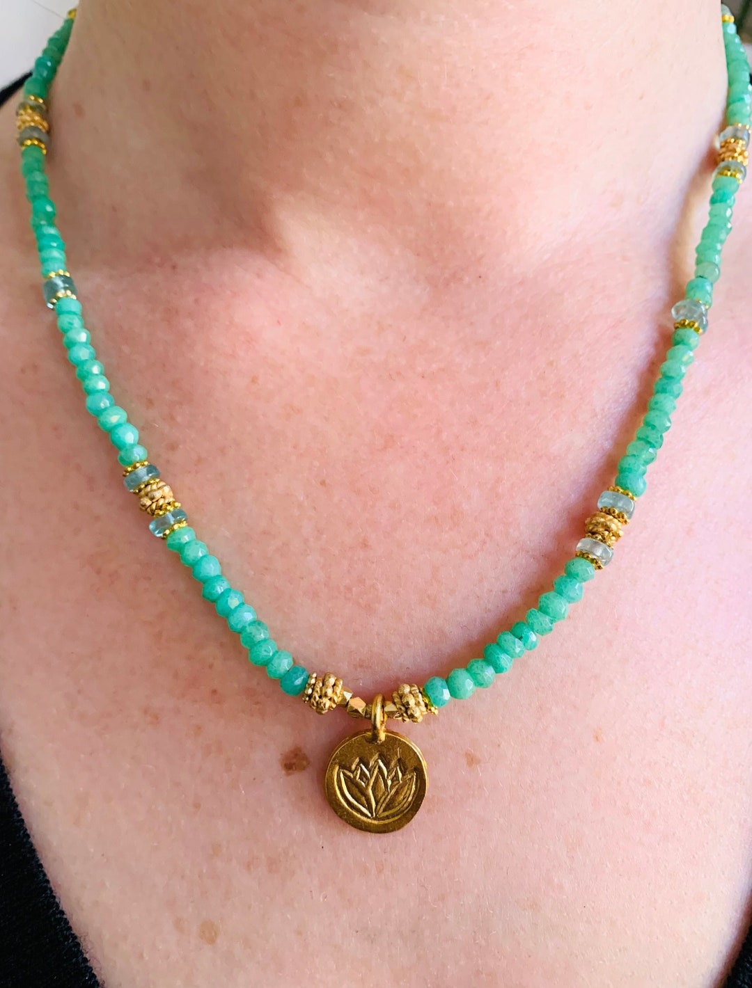 Vermeil Lotus Pedant is Hand-knotted on Beautiful Chrysoprase Faceted ...