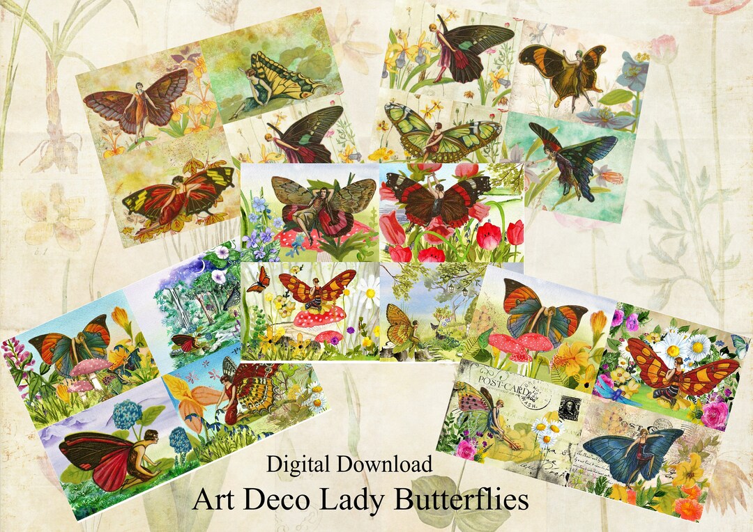 Art Deco Lady Butterflies Digital Download Topper Embellishments, Paper ...