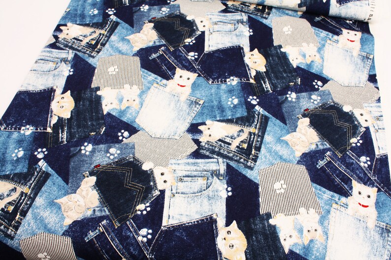 Oxford Cat Kitten Jeans Patterned Fabric Printed in Korea by | Etsy