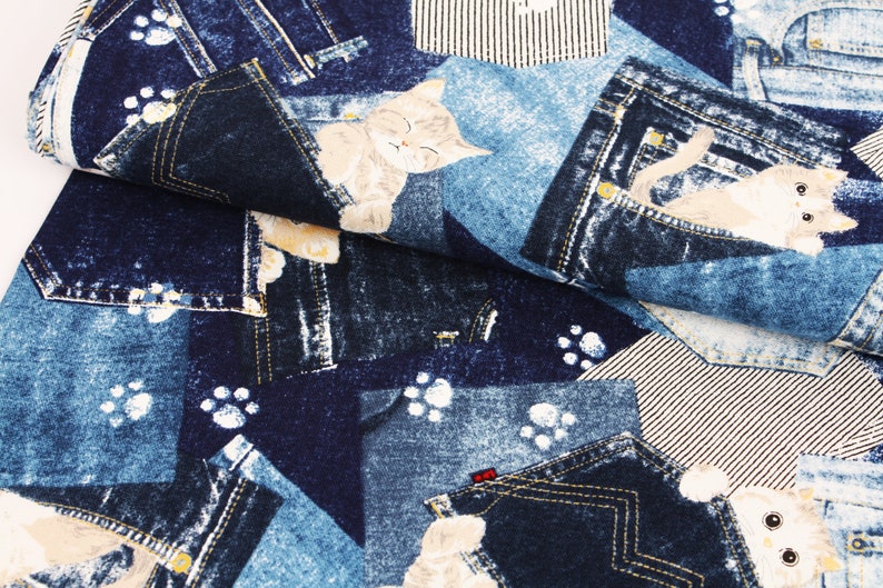 Oxford Cat Kitten Jeans Patterned Fabric Printed in Korea by | Etsy