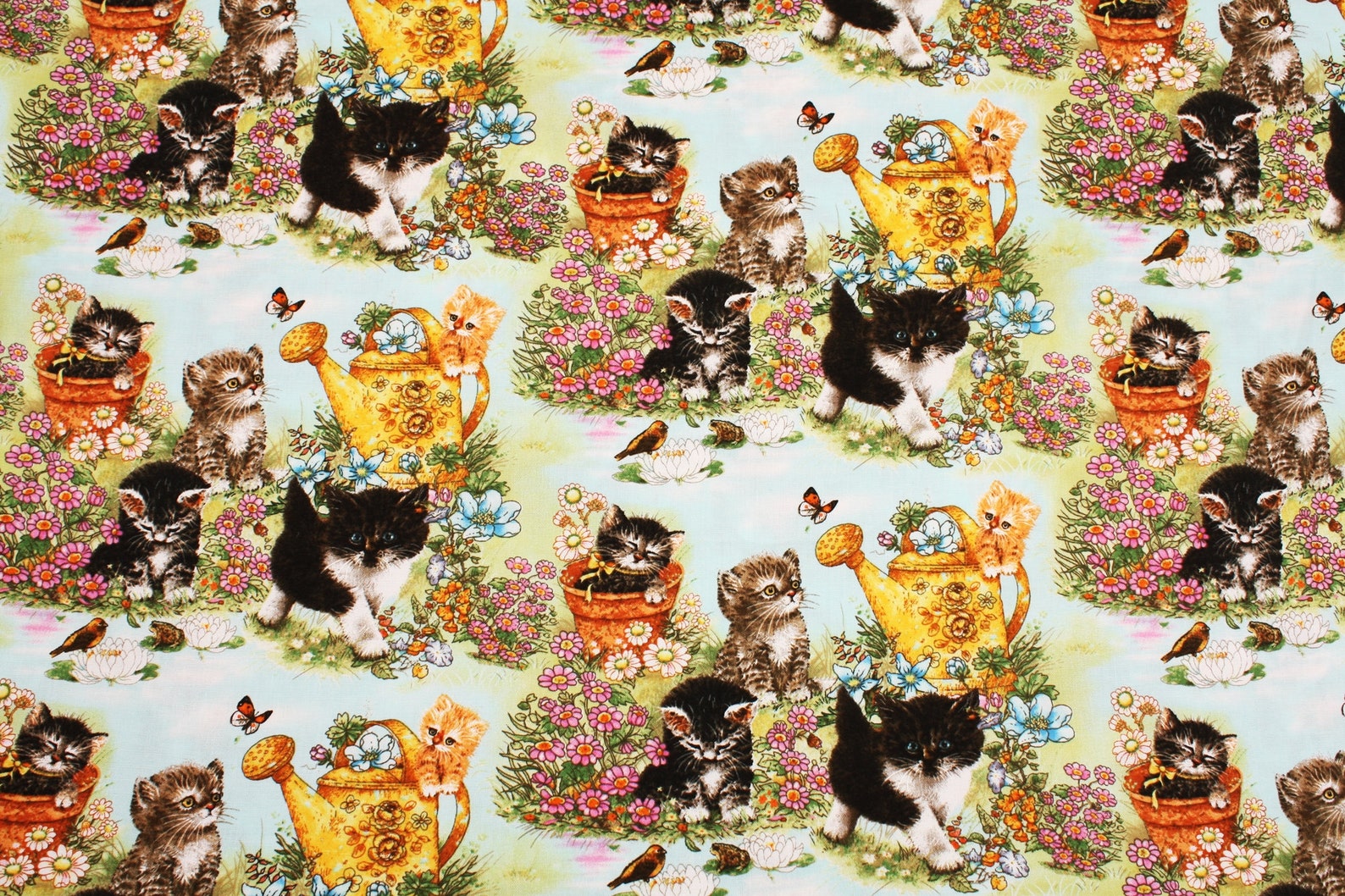 Kitty's Garden Cats Kittens Printed Fabric AYJ Fabric by | Etsy