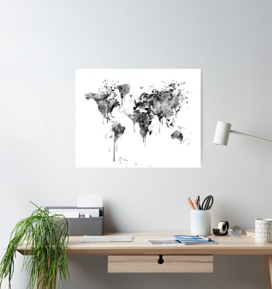 World Map Print Black and White Watercolor Travel Map Wall | Etsy