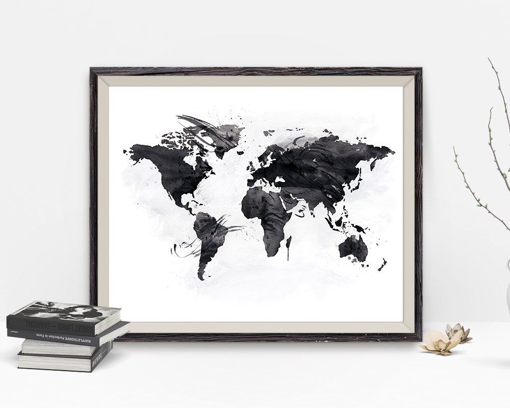 Black and White Map Art World Map Wall Art Home Office Decor | Etsy