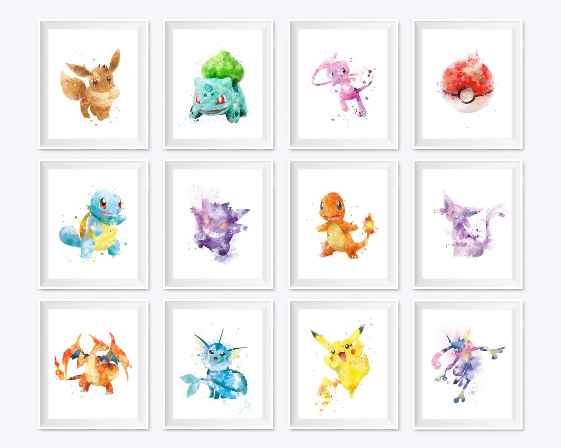 Pokemon Set of 12 Art Print Pokemon Printable Painting Pokemon | Etsy