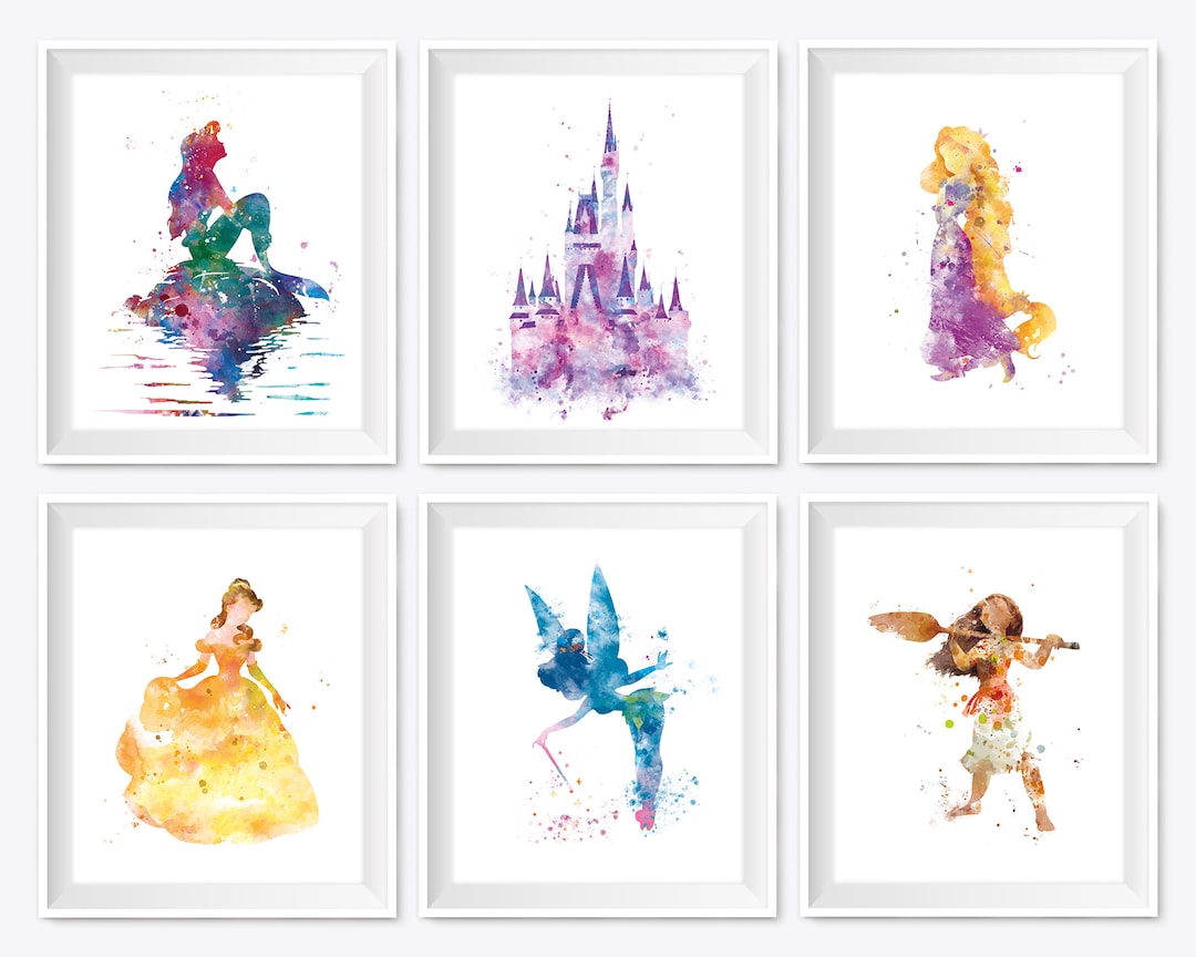 Set of 6 Watercolor Princesses Printable Art Tinkerbell Moana Belle ...