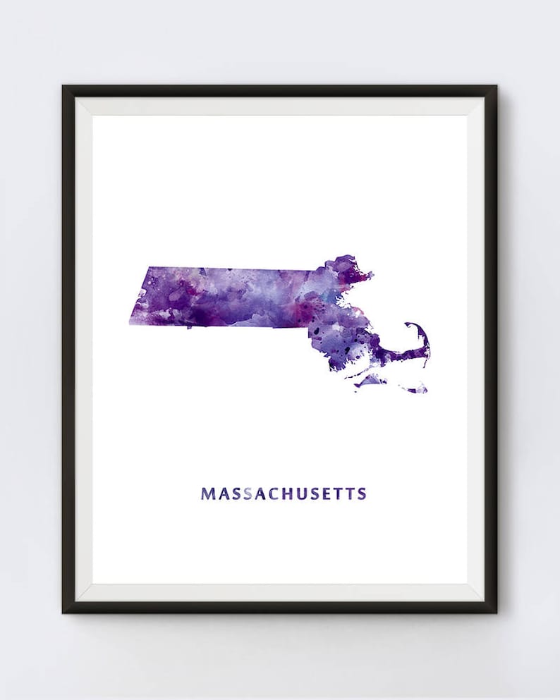 Massachusetts Map Print Watercolor Boston Poster MA Home | Etsy