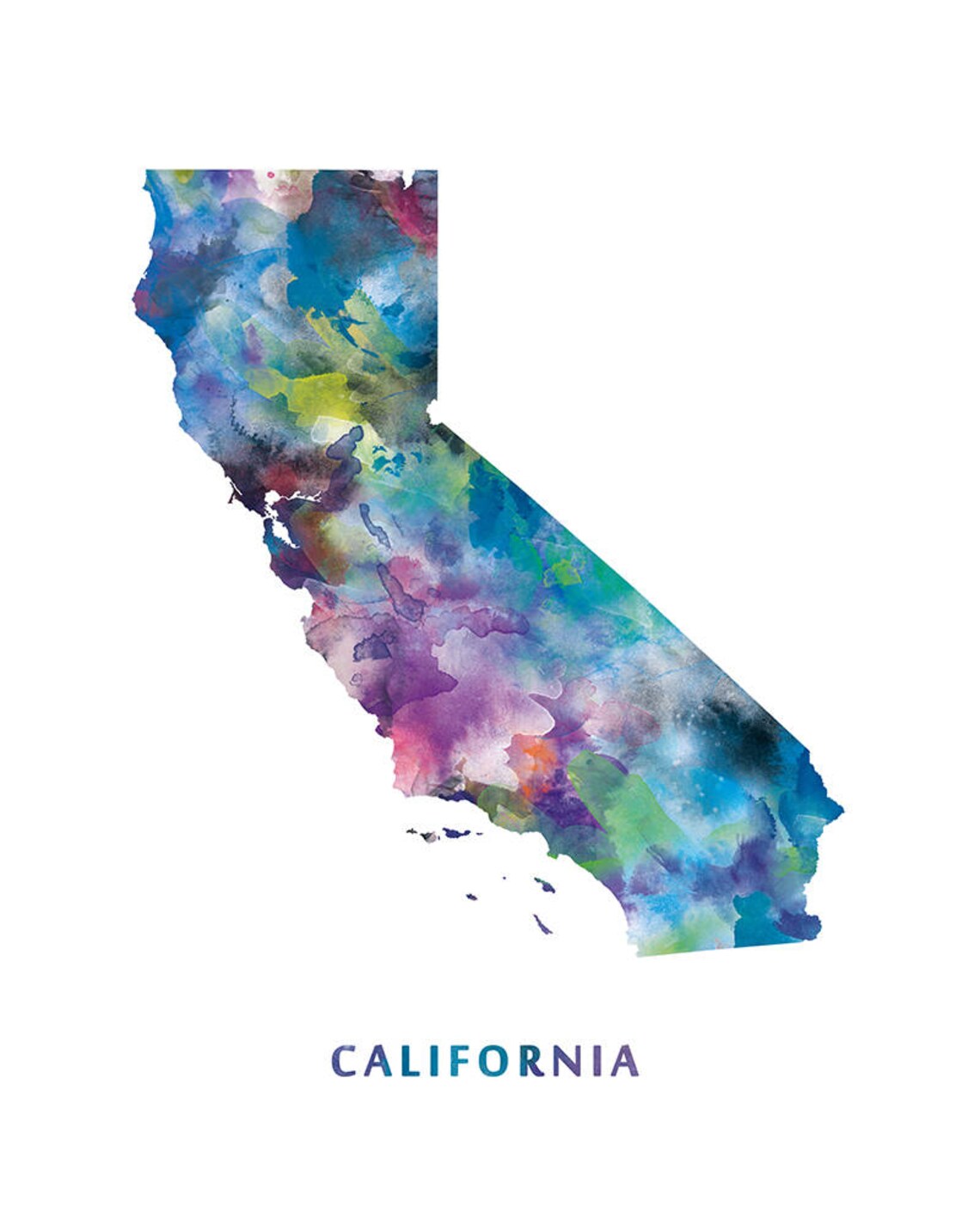 California Map, California Watercolor Map, USA, Art Print, Los Angeles ...