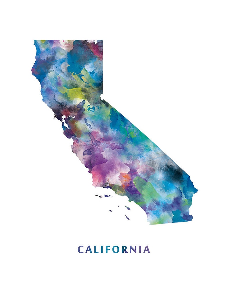 California Map, California Watercolor Map, USA, Art Print, Los Angeles ...