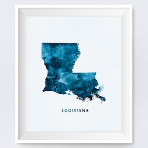 Louisiana, Art Print, Watercolor Map, USA, Blue, Minimal, Baton Rouge ...