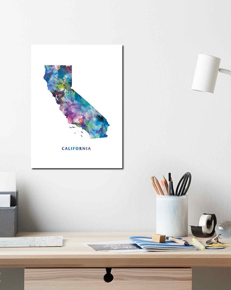 California Map, California Watercolor Map, USA, Art Print, Los Angeles ...