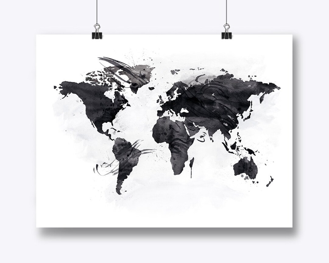 Black and White Map Art World Map Wall Art Home Office Decor Digital ...