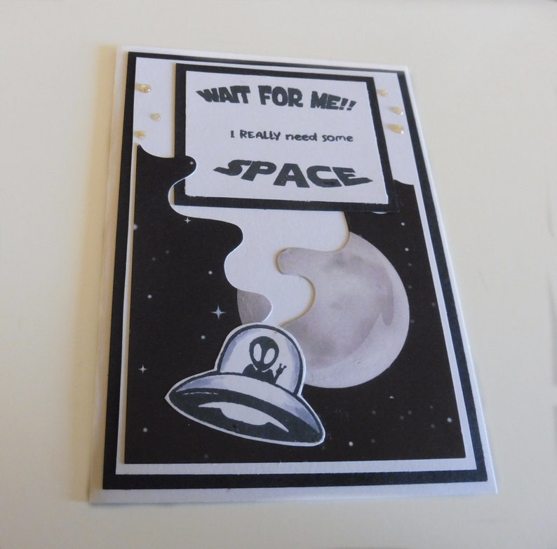 Alien Card - Space Card - Blank Double Greeting Card - Handmade - Main ...