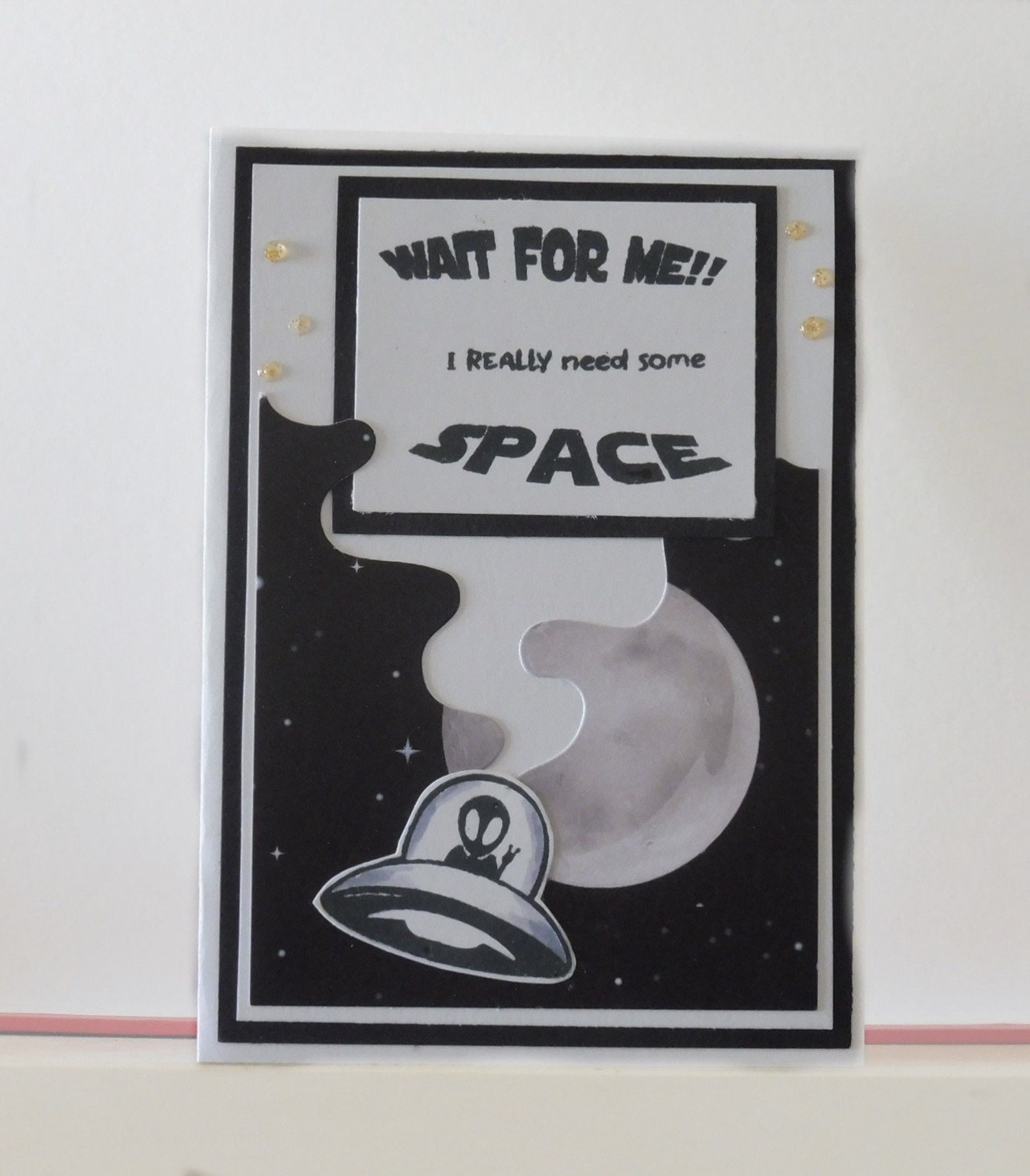 Alien Card - Space Card - Blank Double Greeting Card - Handmade - Main ...