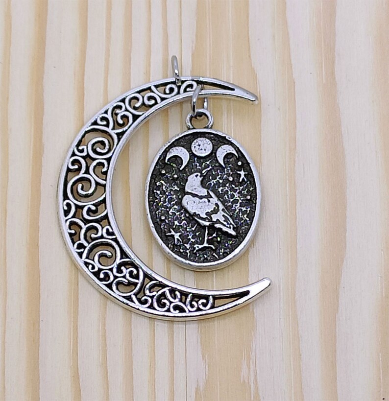 Luna RAVEN Charm Triple Moon Raven Pendant Silver Tone - Etsy