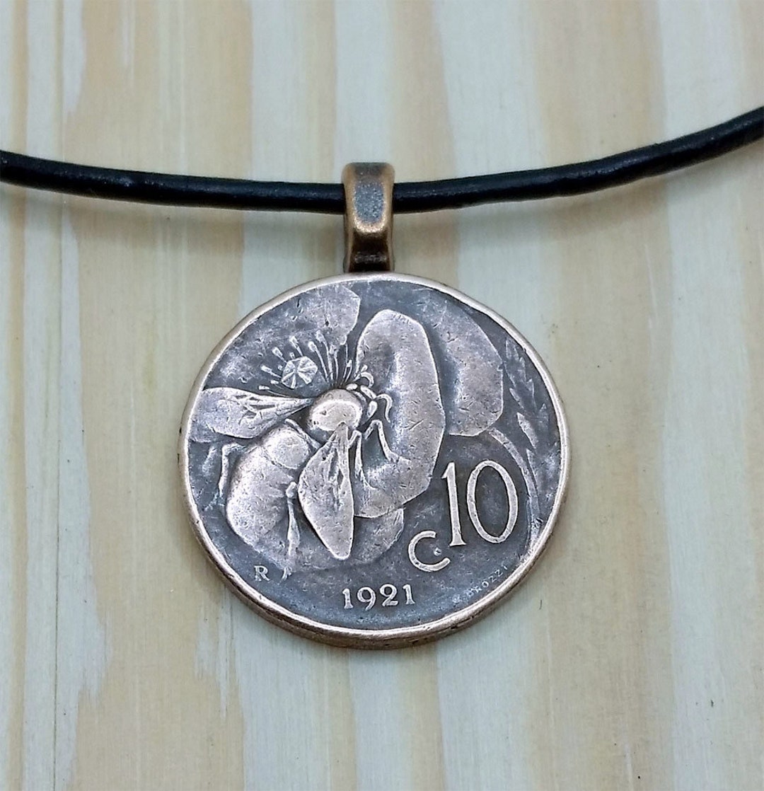 Honey Bee on Flower Coin Pendant, Italy 10 Centesimi Coin Pendant 1920 ...