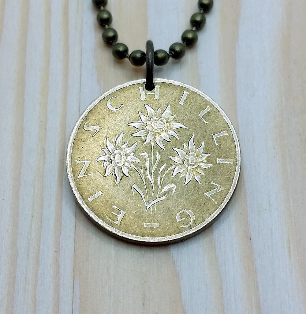 Edelweiss Flowers Coin Necklace Pendant, 1971 Austrian One Schilling ...
