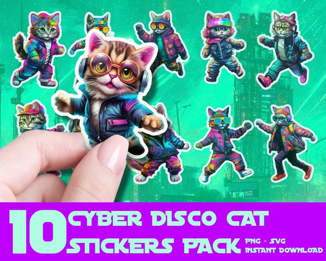 Printable Cyber Cat Sticker Sheet, Pastel Cat Sticker, Disco Art ...