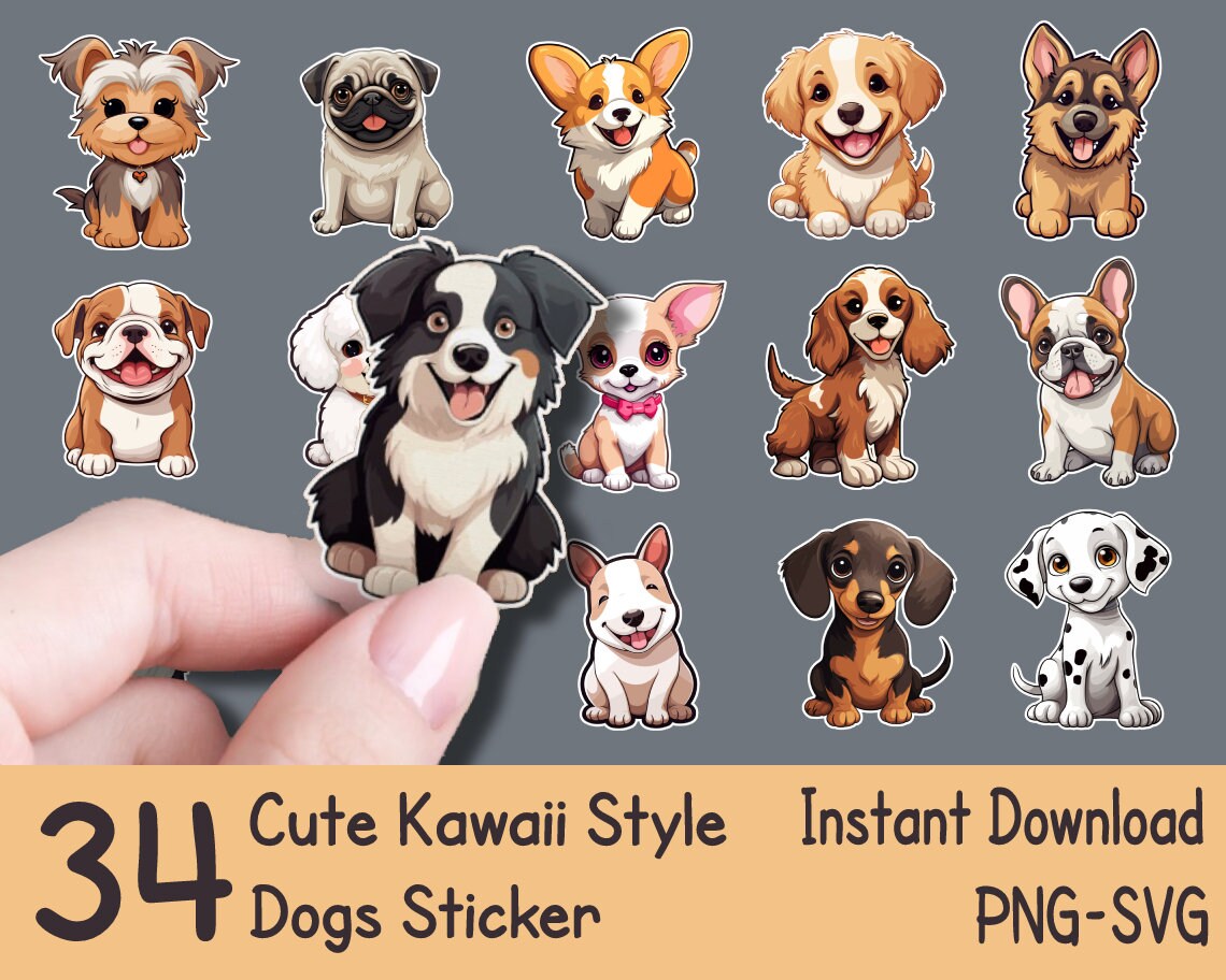 34 Cute Happy Kawaii Dog Stickers Bundle Cute Dog Decals Printable Dog ...