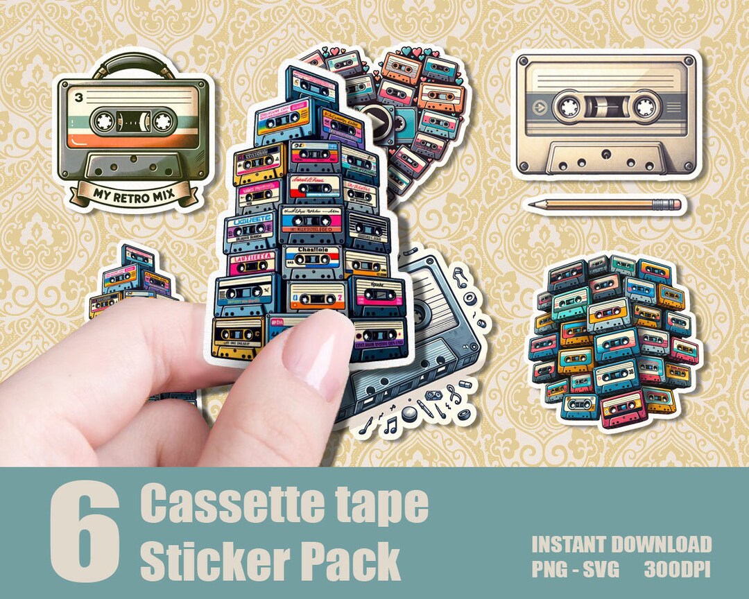 6 Cassette Tape Stickers Retro Nostalgia Decals SVG Old-fashioned ...