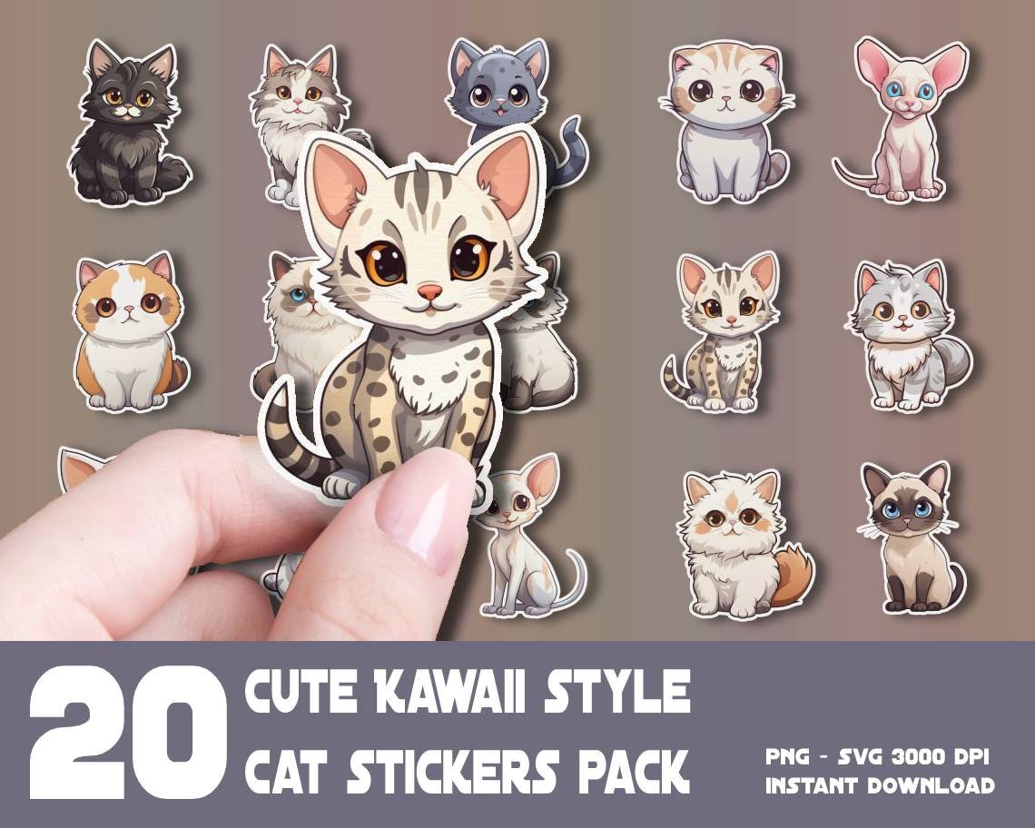 Cute Cat Clipart Digital Stickers PNG Bundle, Kawaai Cat Printable ...