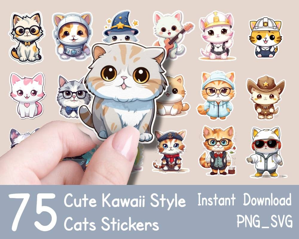 Cute Cat Clipart Digital Stickers Png Bundle, Kawaai Cat Printable ...