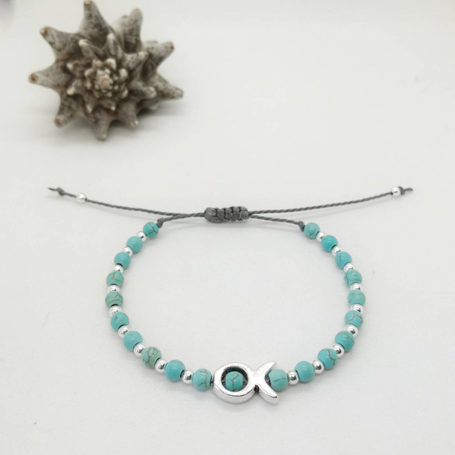 Fish Charm Bracelet, Turquoise Beads Bracelet, Silver Beads Bracelet ...