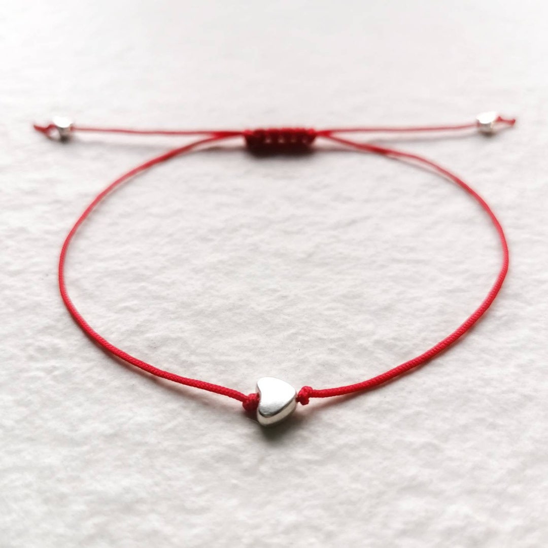 Heart Bracelet, Red String Bracelet, Silver Heart Bracelet, Tiny Heart ...