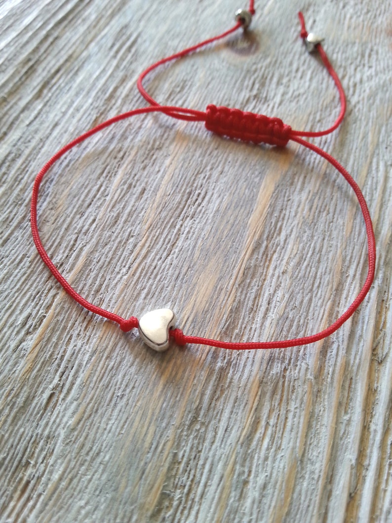 Heart bracelet Red string bracelet Silver heart bracelet | Etsy
