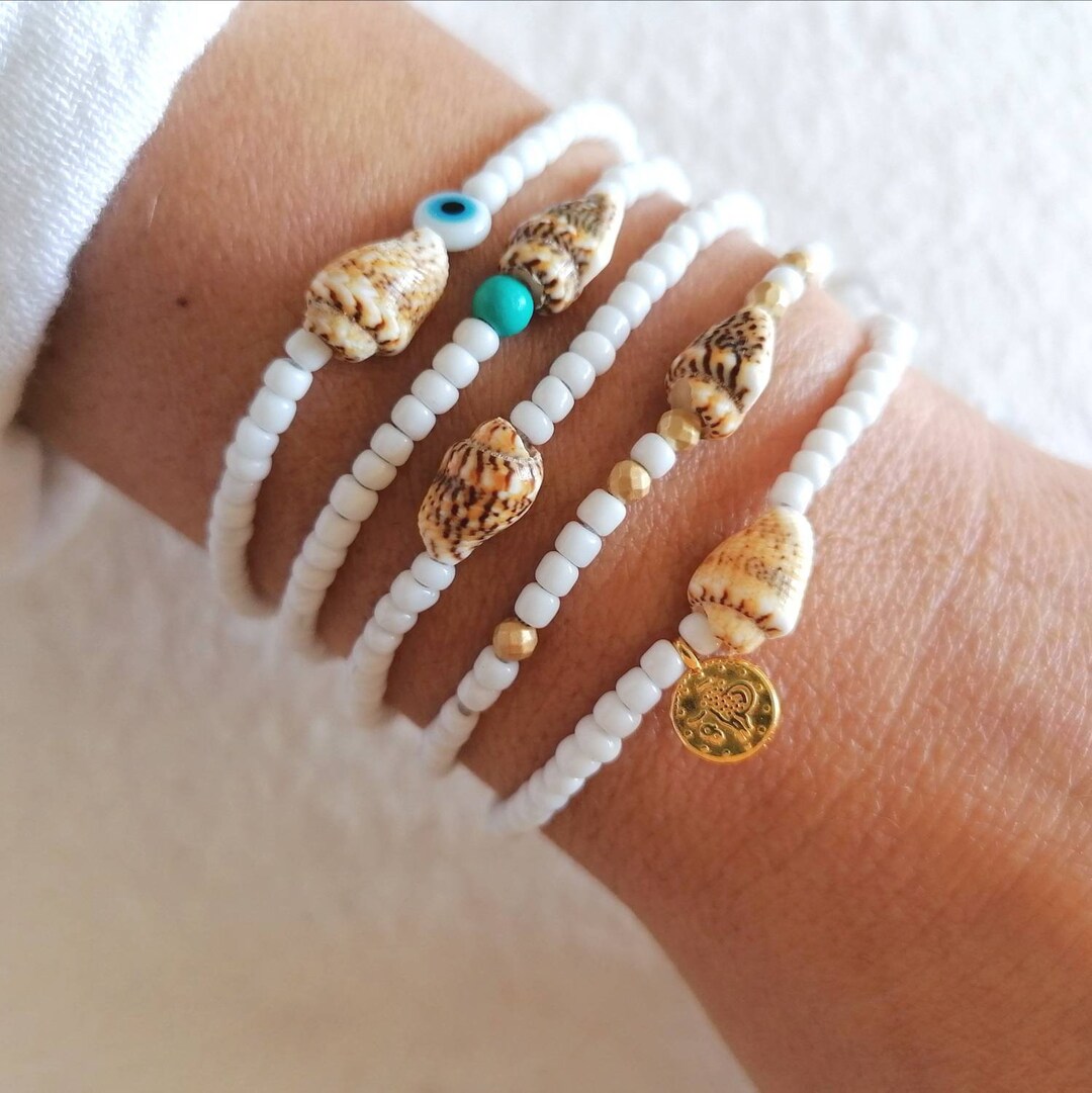 Shells Bracelet, White Beads Bracelet, Tiny Shells Bracelet, Stackable ...