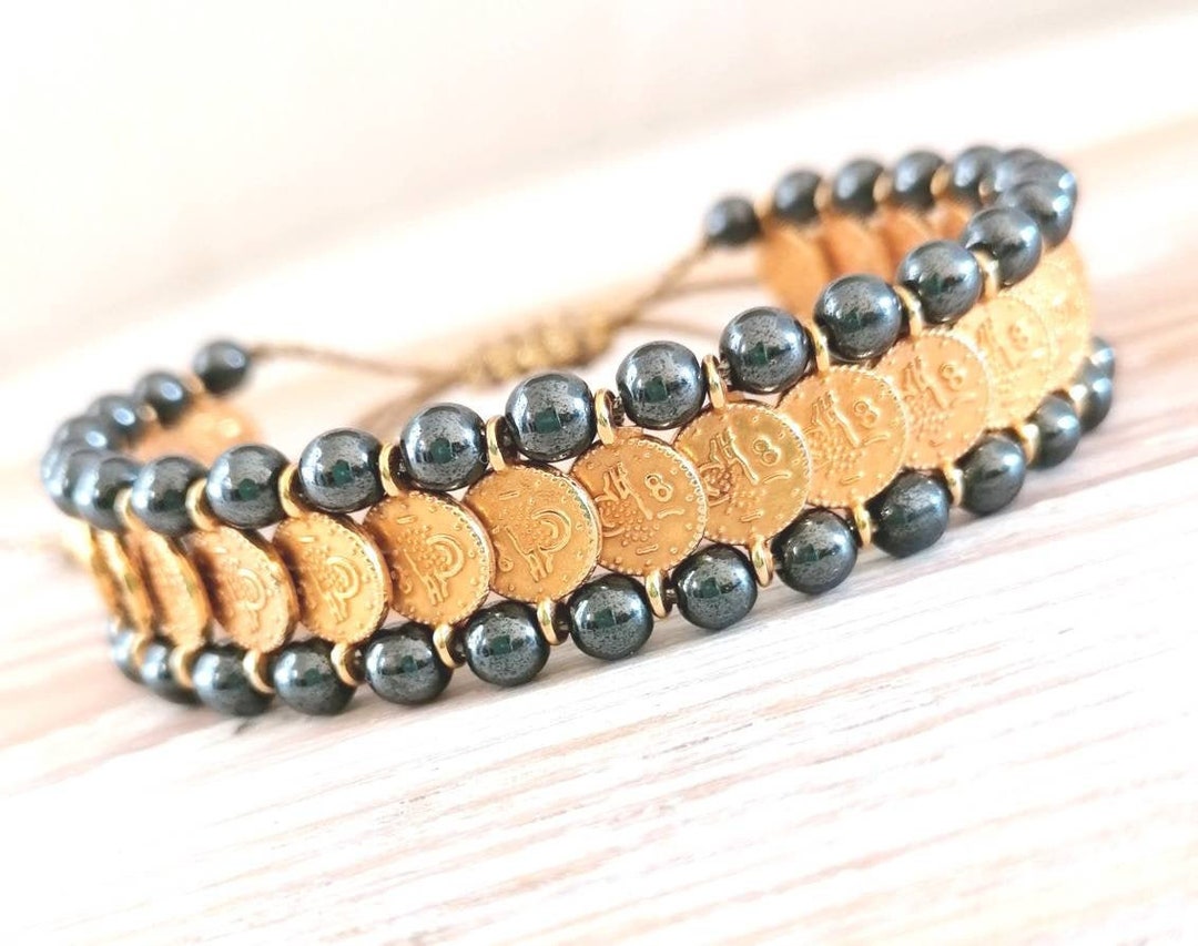Coin and Hematite Beads Bracelet, Gold Coin Bracelet, Hematite Bracelet ...