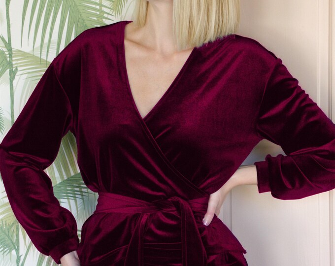 MYRNA | Red Velvet Wrap Top With Waist Ties. Long Sleeve Velvet Evening ...