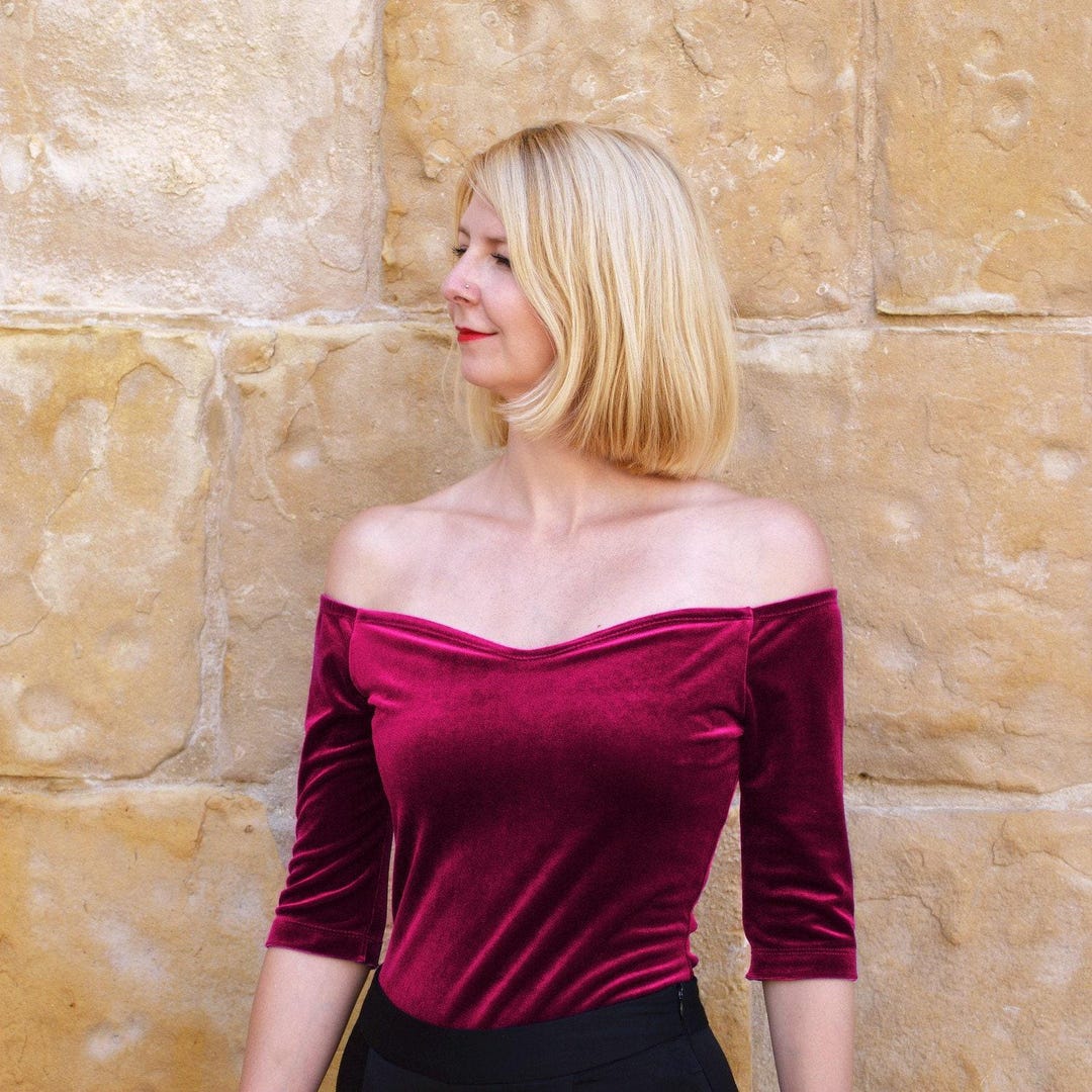 VELVET PARTY TOP | Size S Red Velvet off Shoulder Long Line Fitted Tee ...