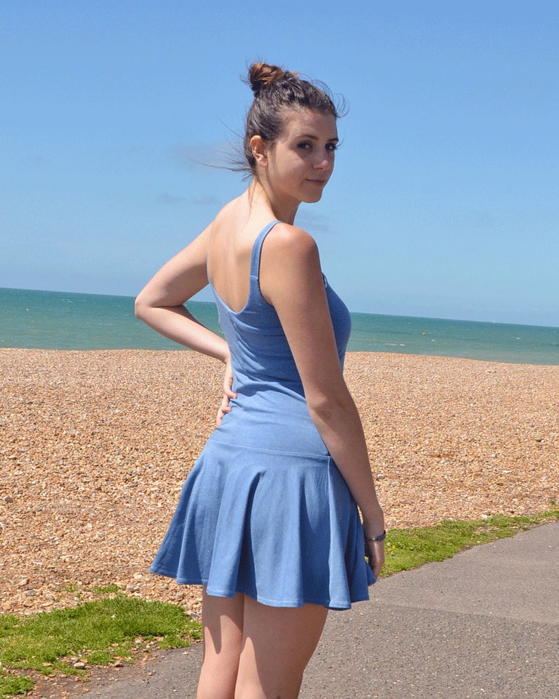 Sale Lulu Drop Waist Summer Beach Dress Denim Look Jersey Dress Vintage Flapper Style Strappy