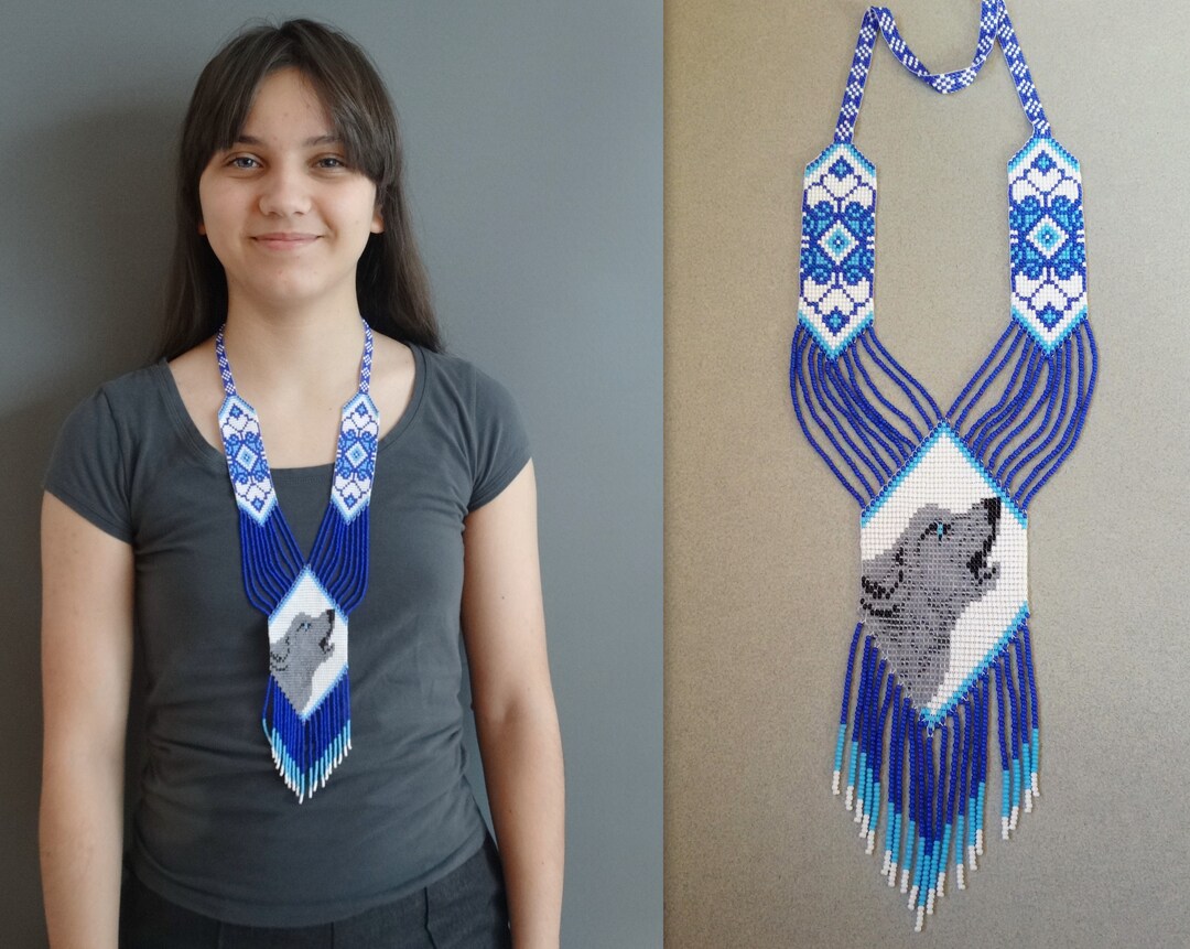 Blue Long Necklace With Wolves in Native American Style. - Etsy