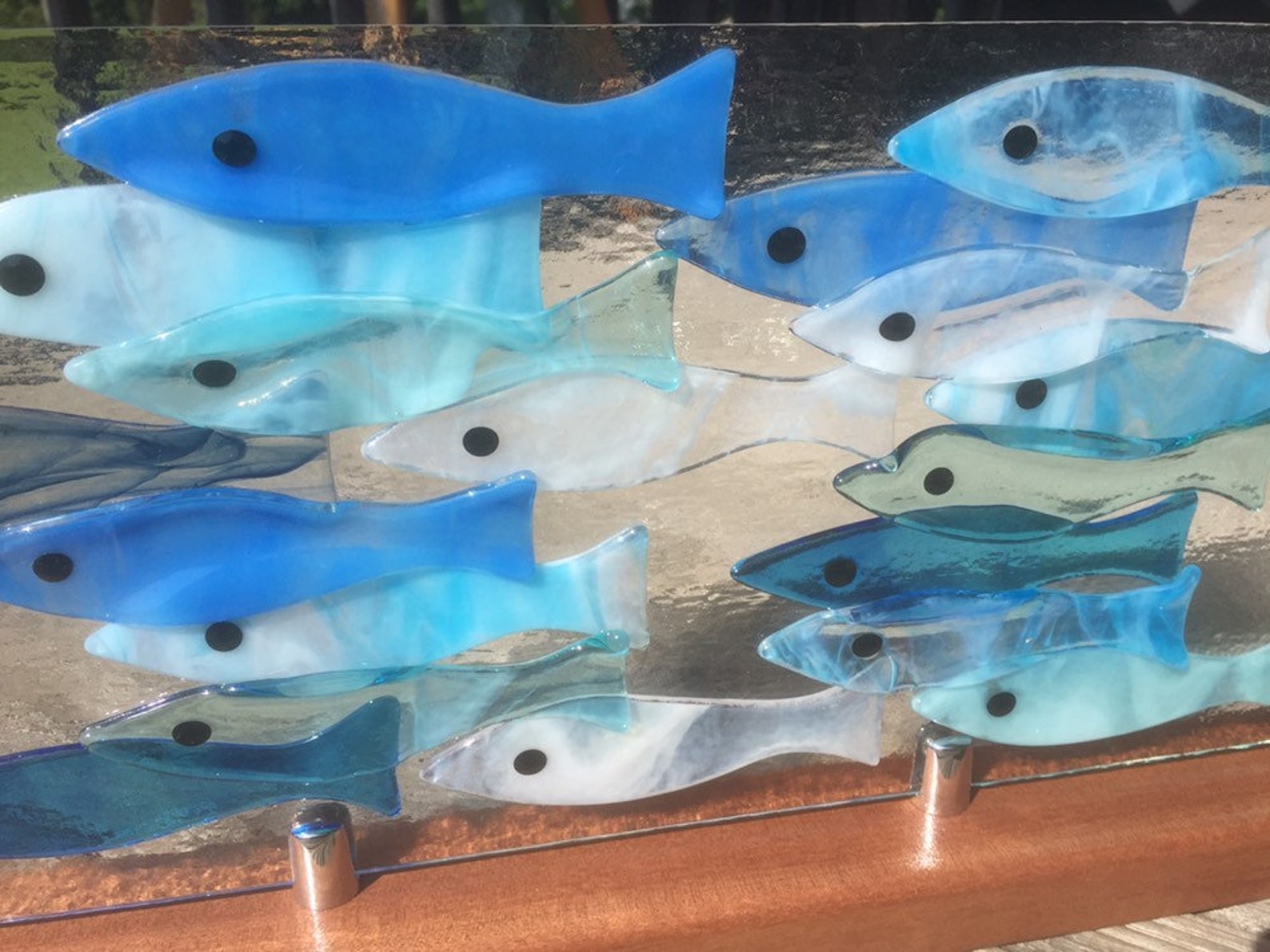 School of blue fish, fused glass fish wall art, mounted shoal of fish ...