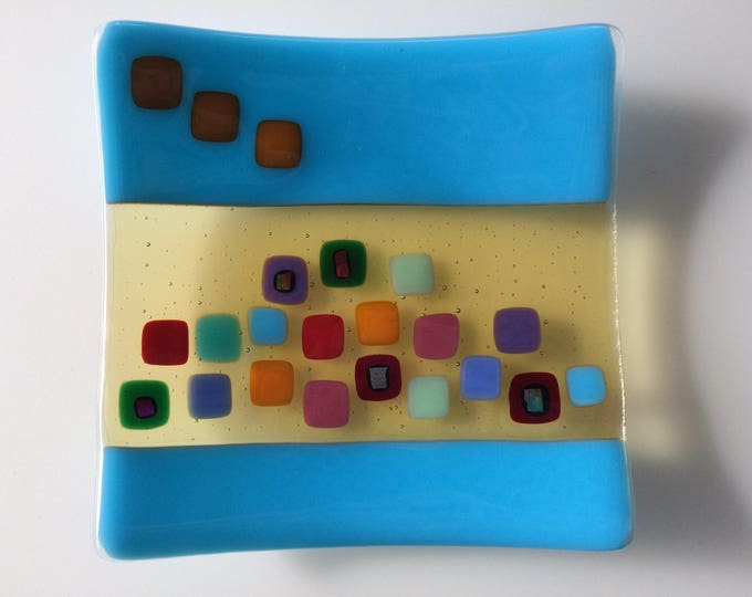 Blue and Yellow Fused Glass Bowl With Coloured Squares - Etsy
