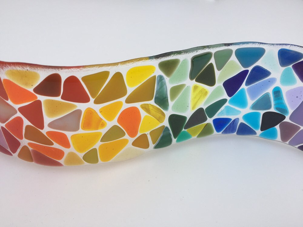 Rainbow fused glass wave mosaic rainbow sun catcher | Etsy