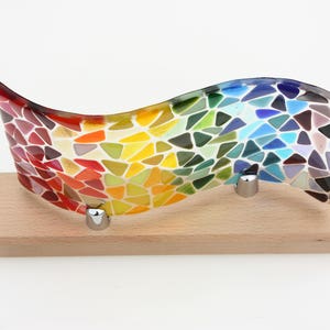Rainbow Fused Glass Wave, Mosaic Glass Suncatcher Mounted on a Wooden ...