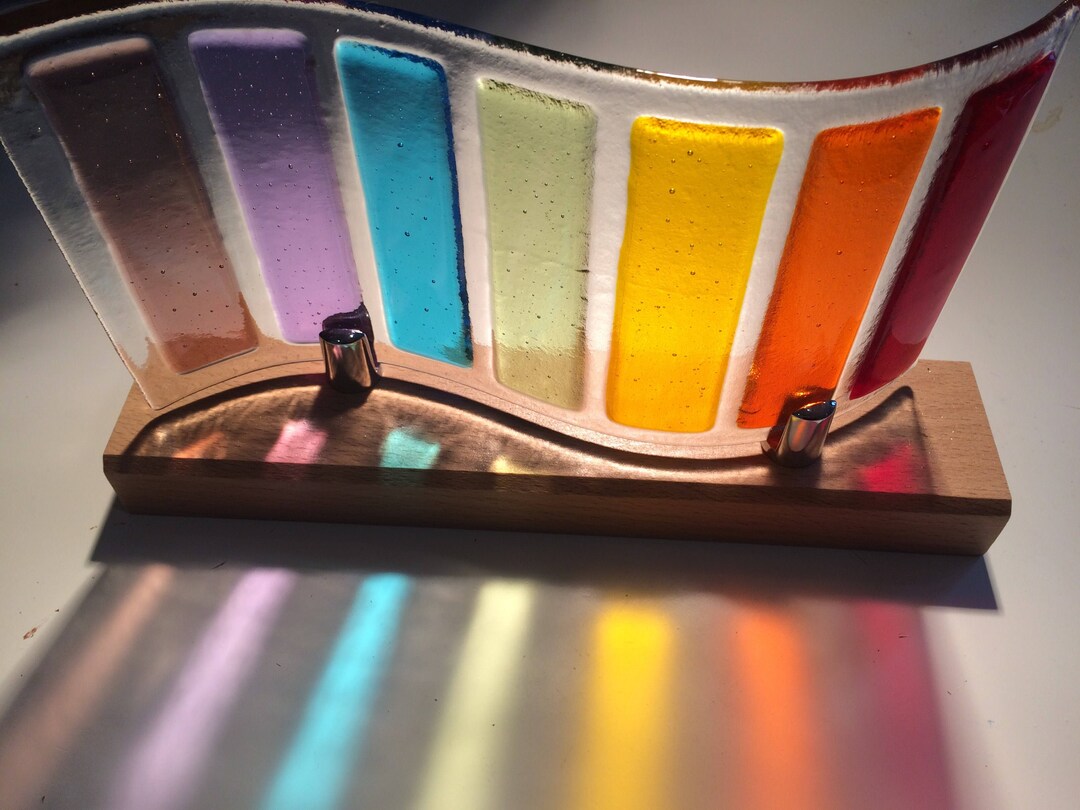 Rainbow Fused Glass Wave, Striped Glass Sun Catcher Mounted on a Wooden ...