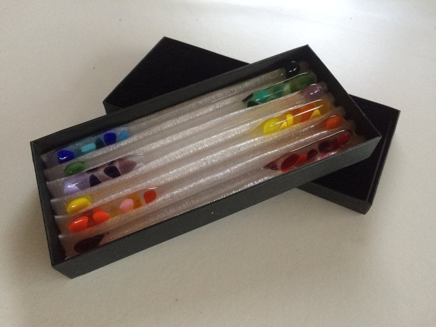 Set of six dichroic fused glass swizzle sticks | Etsy