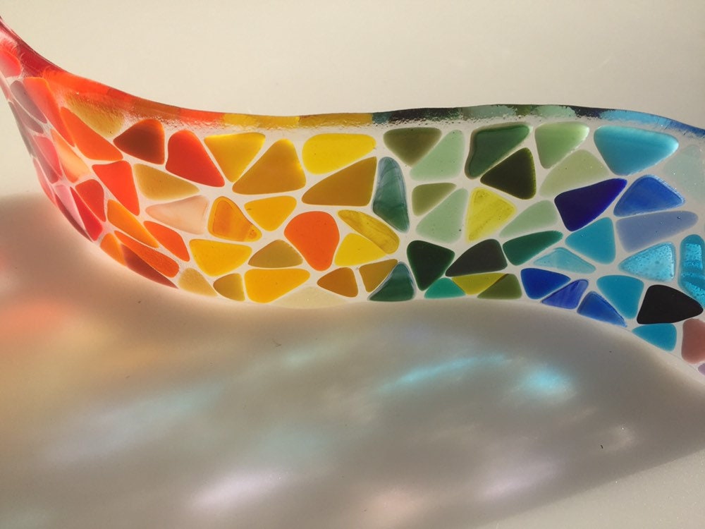 Rainbow fused glass wave mosaic rainbow sun catcher | Etsy