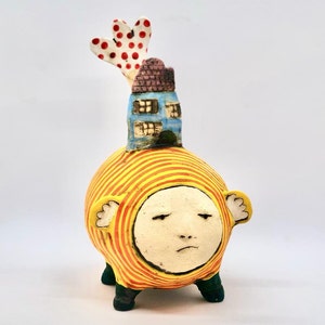 Colorful Ceramic Figure, Yellow Ornament, Quirky Ceramic Sculpture ...