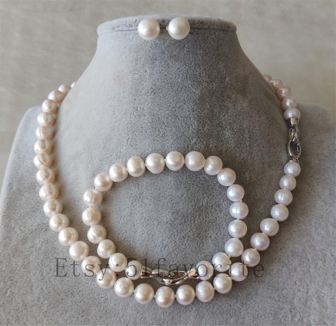 Pearl Set- Genuine Cultured 9-9.5mm White Fresh Water Pearl Necklace ...