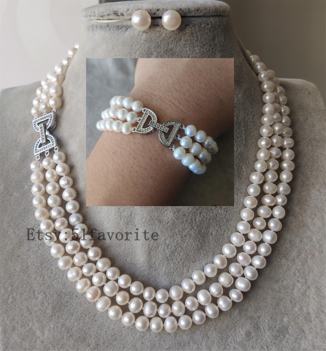 Real Pearl Set-100% Genuine Cultured AA+ 6-6.5mm White Fresh Water ...