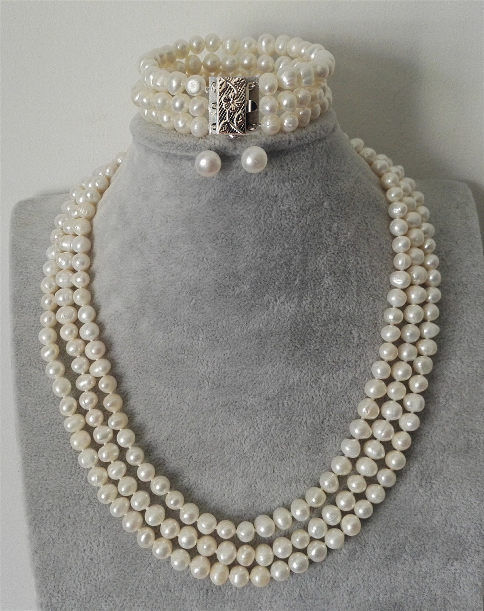 Real Pearl Necklace Bracelet Earrings Set-genuine Cultured - Etsy