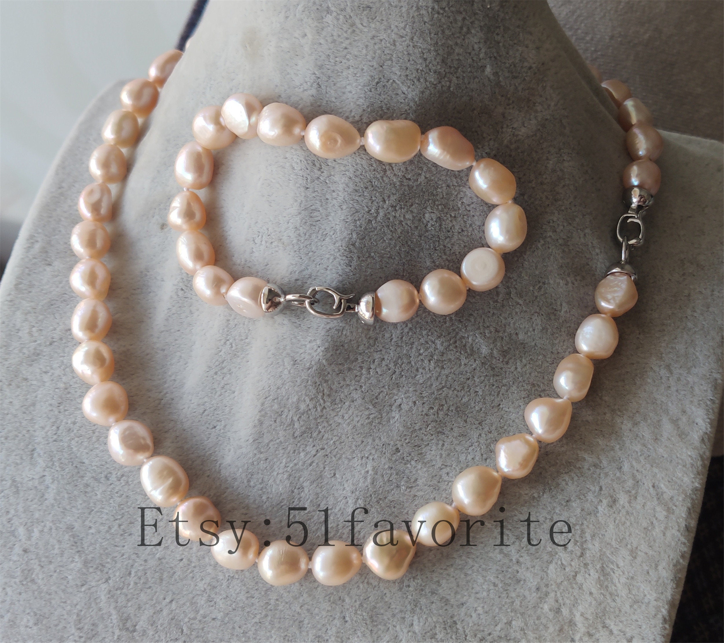 Real pearl set 10-11mm pink rice baroque fresh water pearl | Etsy