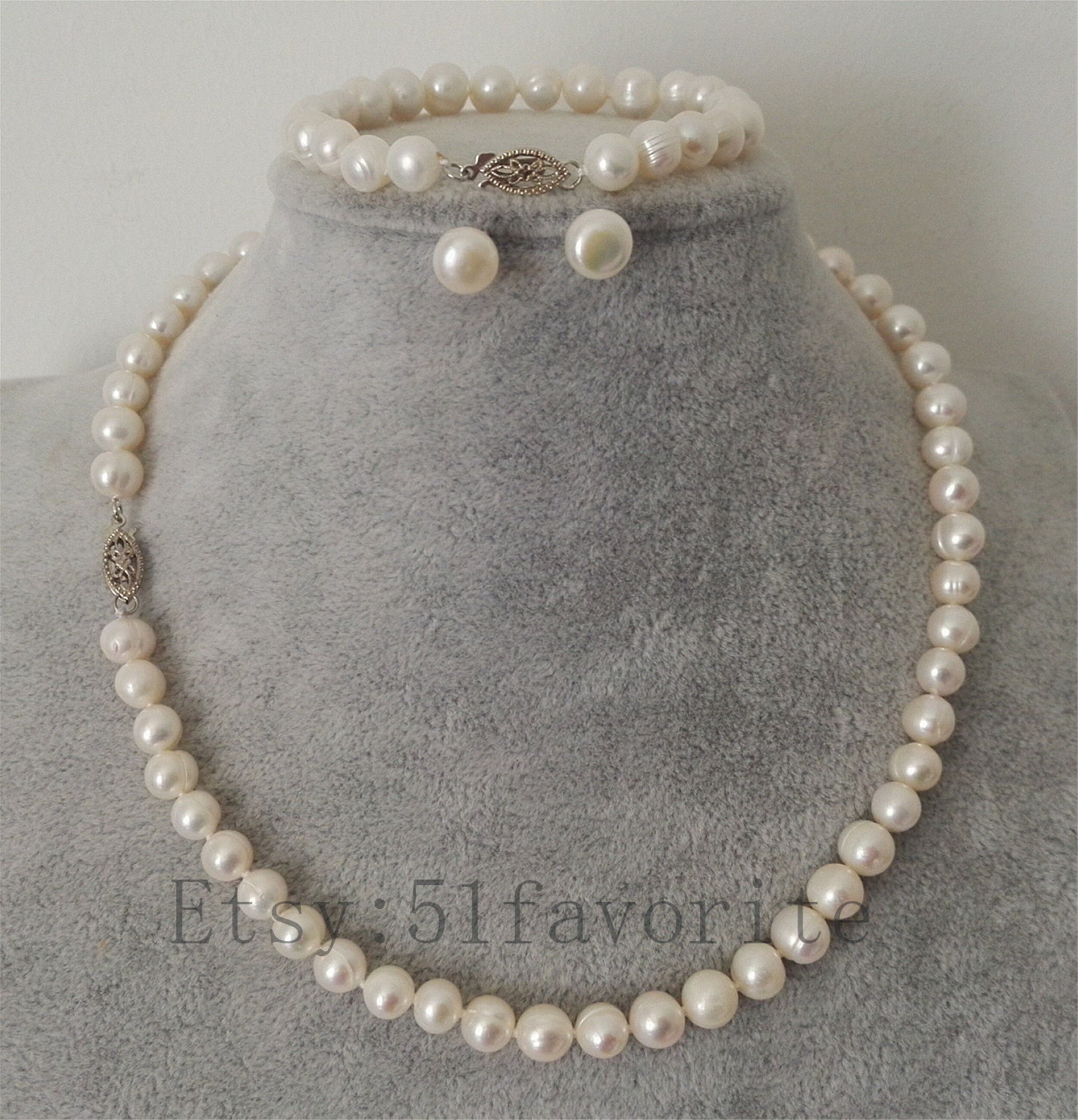 Pearl Set Genuine 9-9.5mm off Round White Fresh Water Pearl - Etsy
