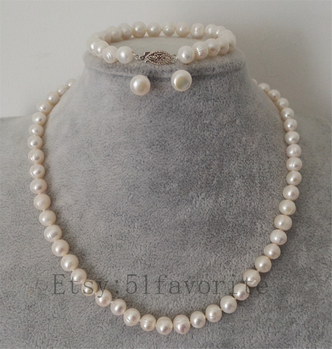 Pearl Set Genuine 9-9.5mm off Round White Fresh Water Pearl - Etsy